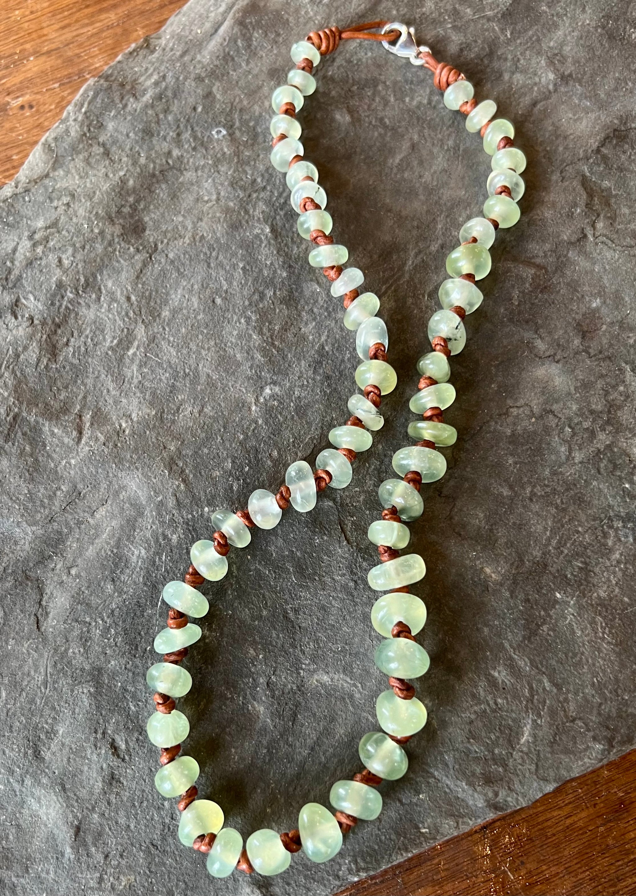 Misty Green Prehnite Knotted on Leather Unisex Necklace 19 ...