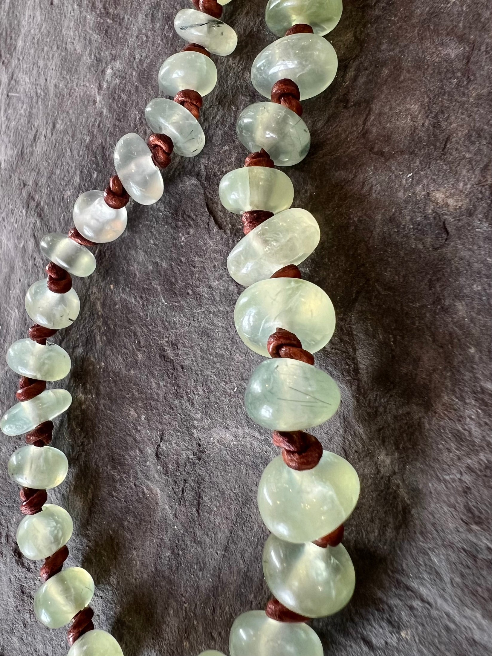 Misty Green Prehnite Knotted on Leather Unisex Necklace 19 ...